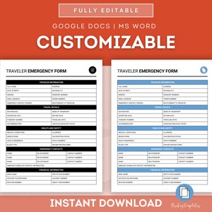 Traveler Emergency Form, Trip Emergency Information Sheet, Travel ...