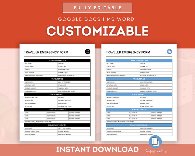 Traveler Emergency Form, Trip Emergency Information Sheet, Travel ...