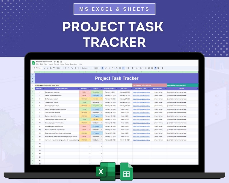 Project Task Tracker Spreadsheet, Project Management Tool, Project ...