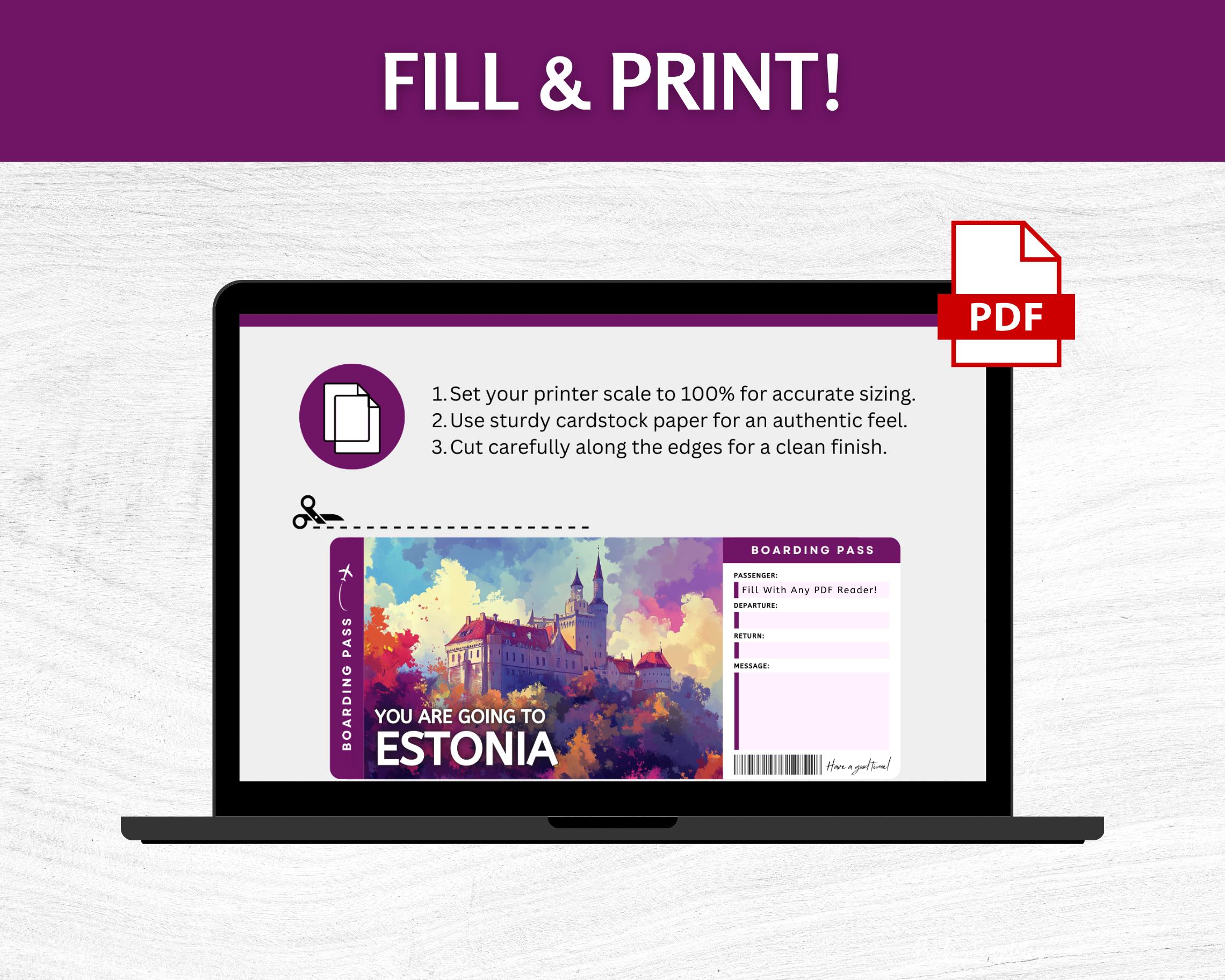 Printable Estonia Surprise Gift Ticket, Editable Tallinn Boarding Pass ...