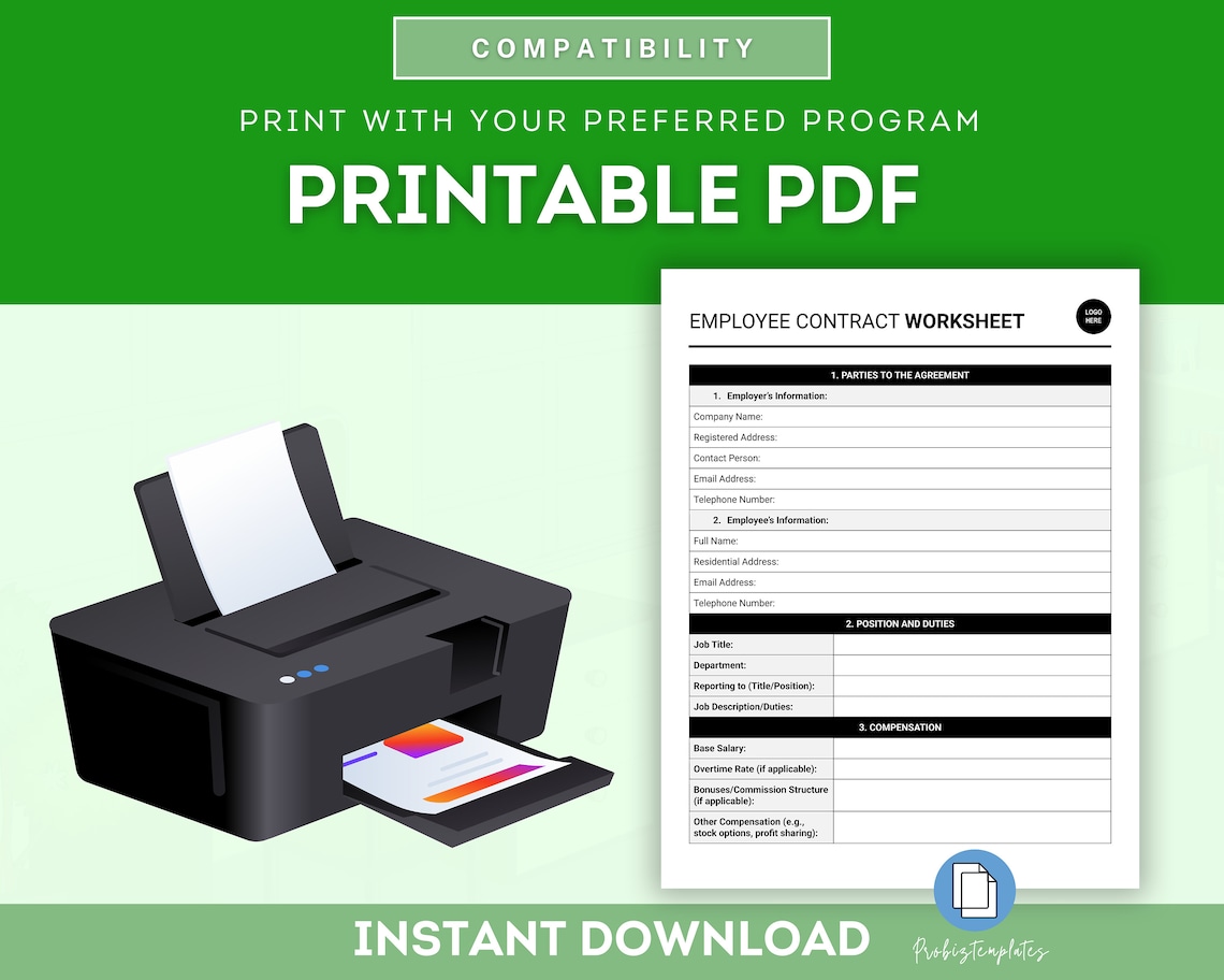 Employment Contract Worksheet Template, Job Contract Worksheet ...