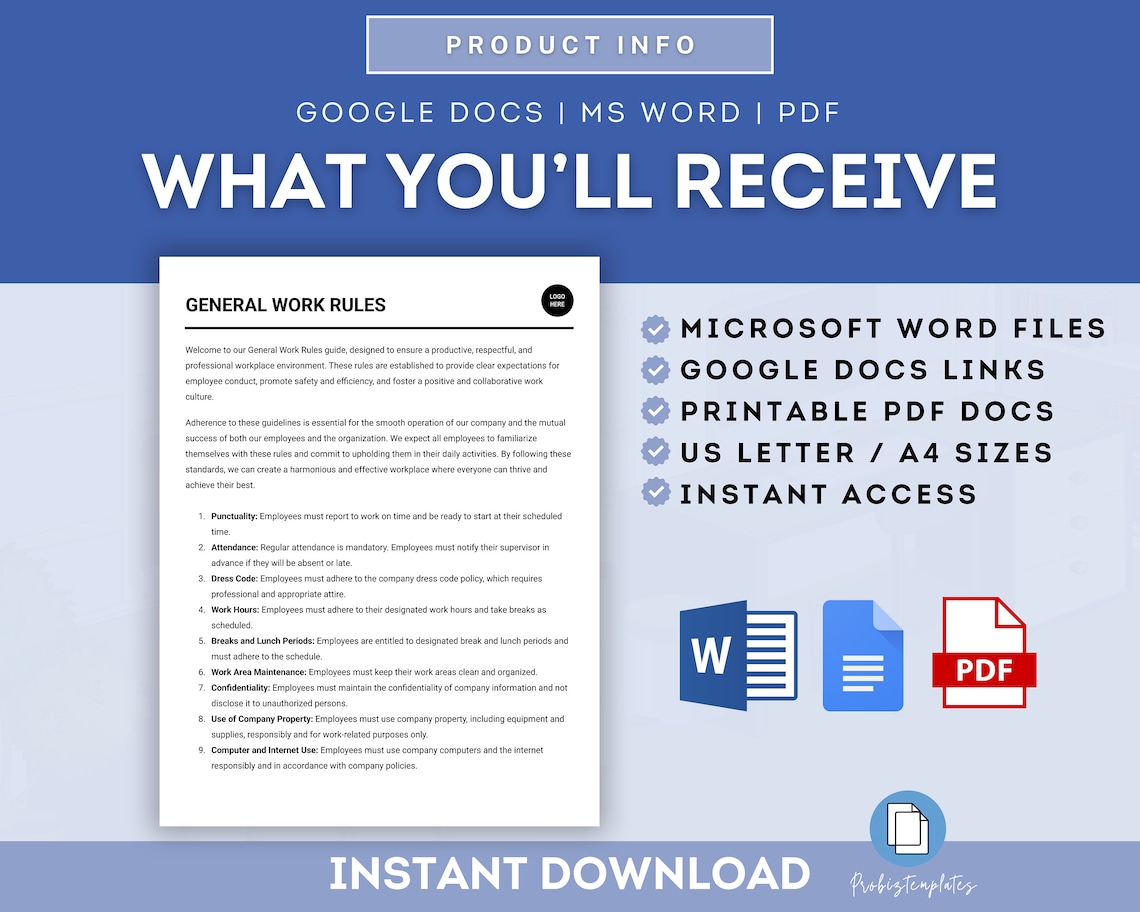 General Work Rules Template, Employee Workplace Rules, Company Work ...