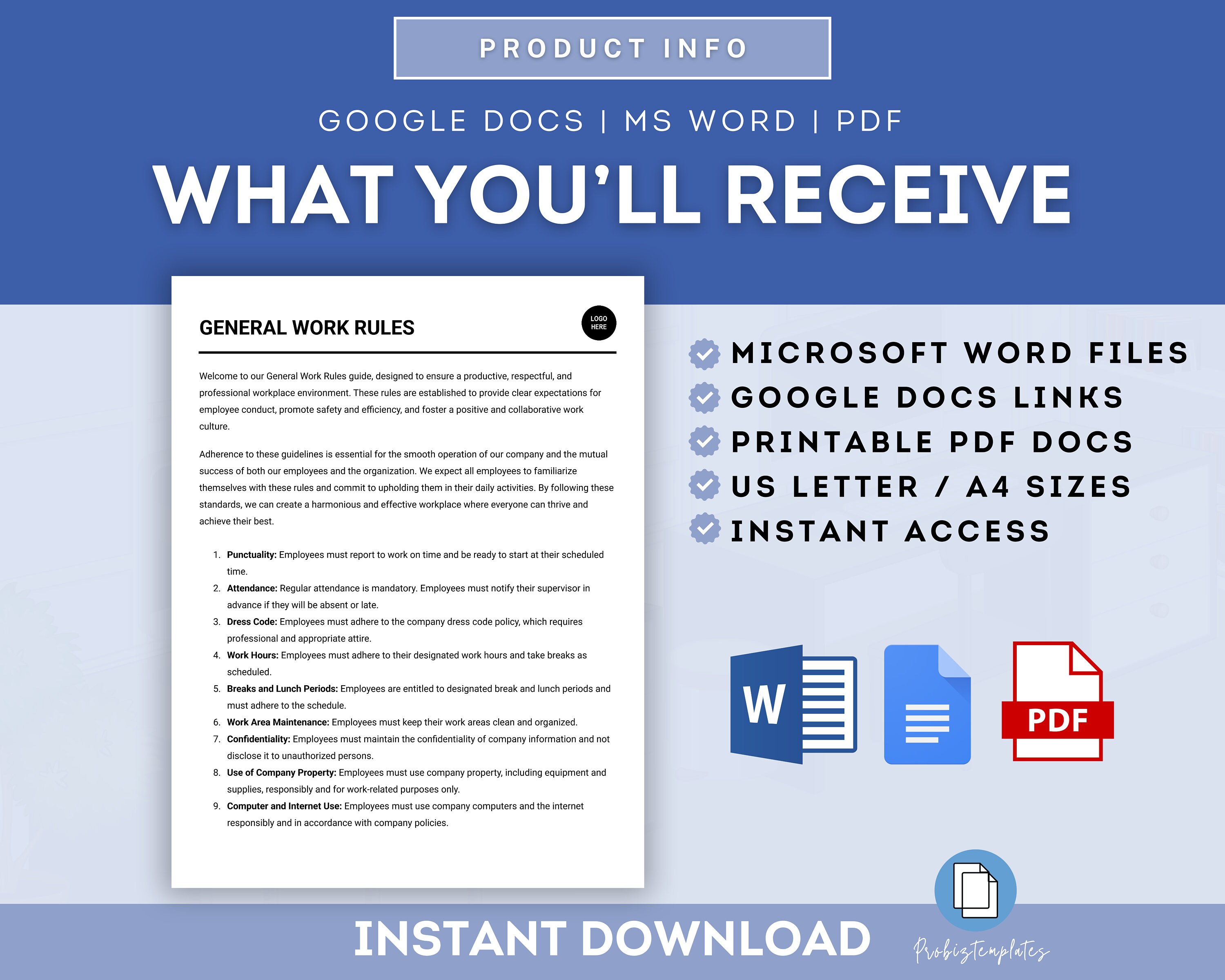 General Work Rules Template, Employee Workplace Rules, Company Work ...