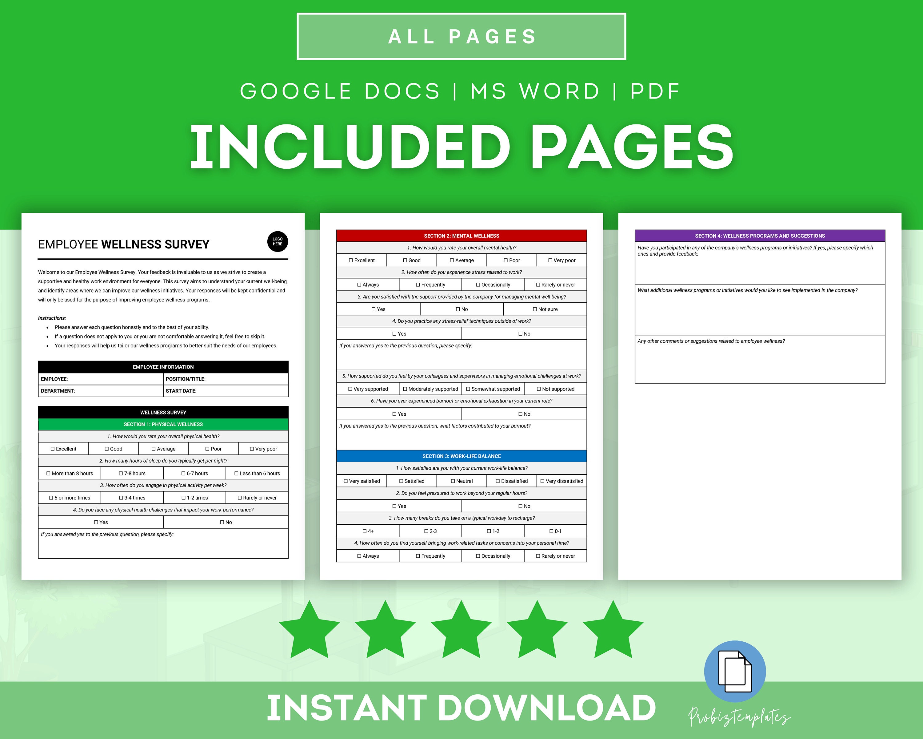 Employee Wellness Survey Template, Workplace Well-being Survey, Staff ...