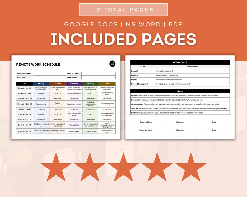Remote Work Schedule Template, Virtual Work Timetable, Telecommuting ...