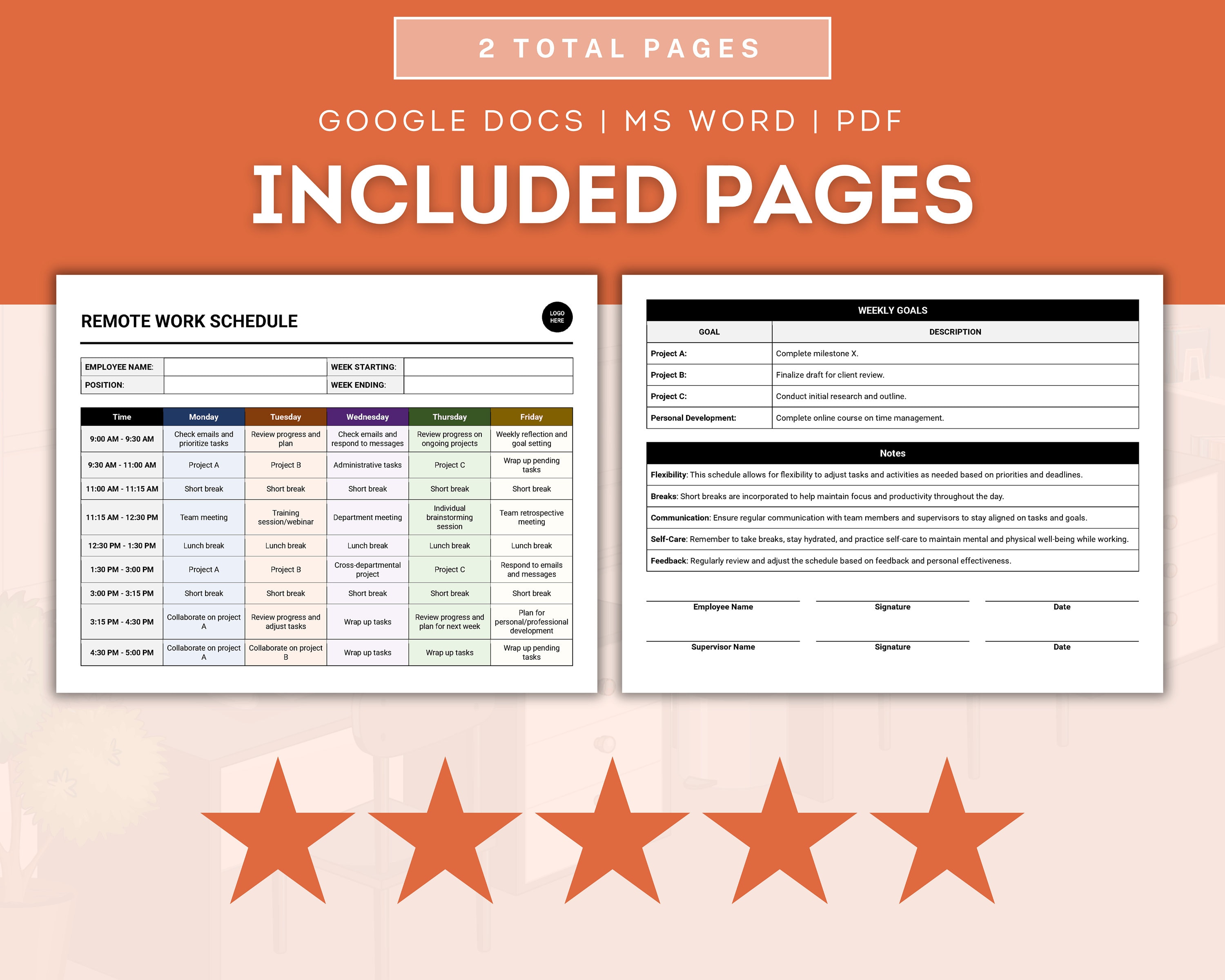 Remote Work Schedule Template, Virtual Work Timetable, Telecommuting ...