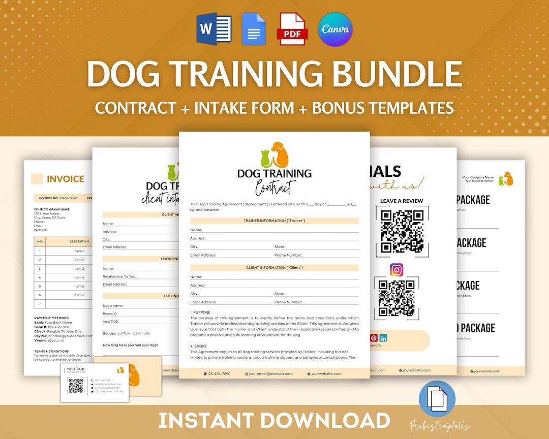 Dog Training Contract Bundle, Pet Training Agreement Form, Dog Trainer ...