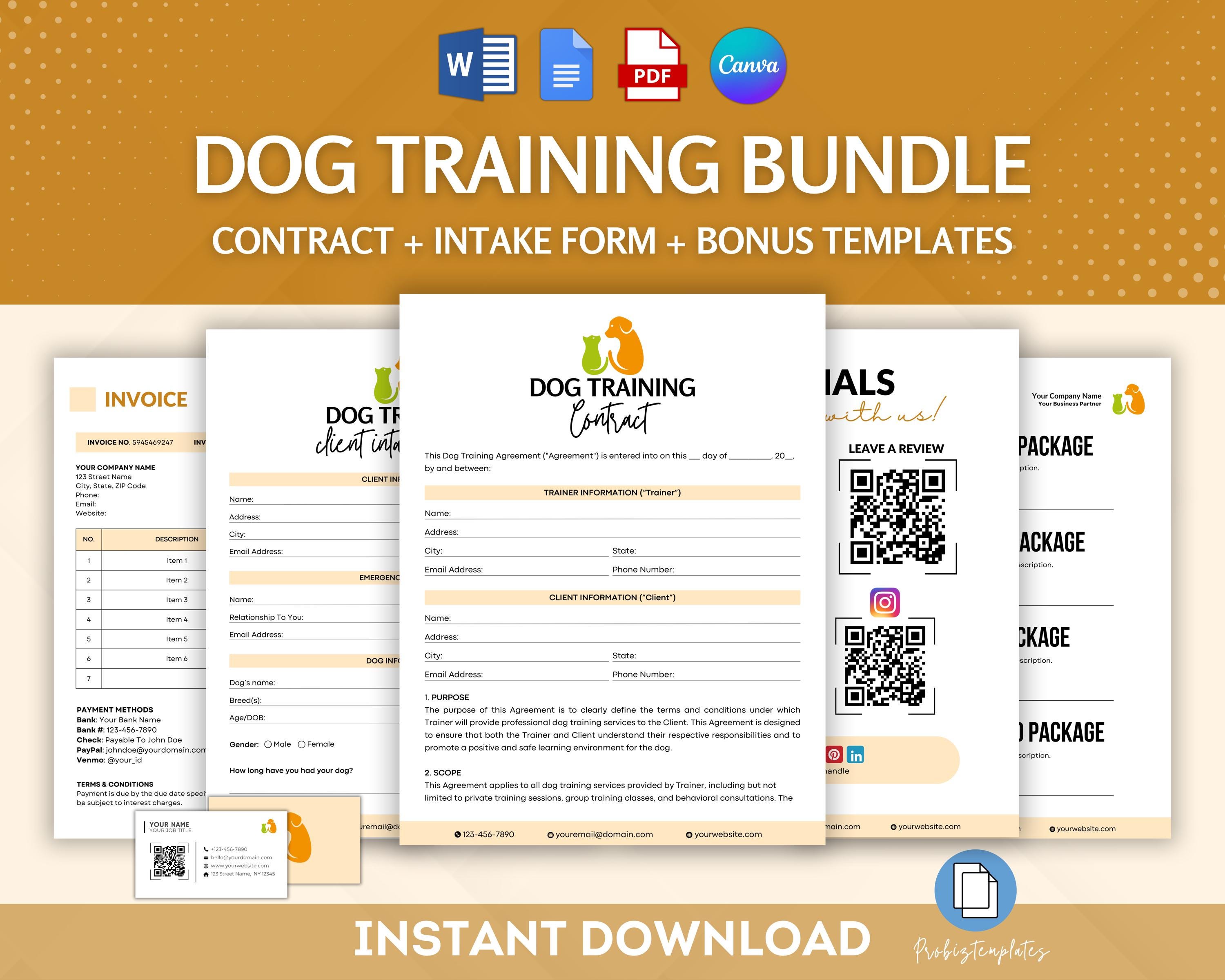 Dog Training Contract Bundle, Pet Training Agreement Form, Dog Trainer ...
