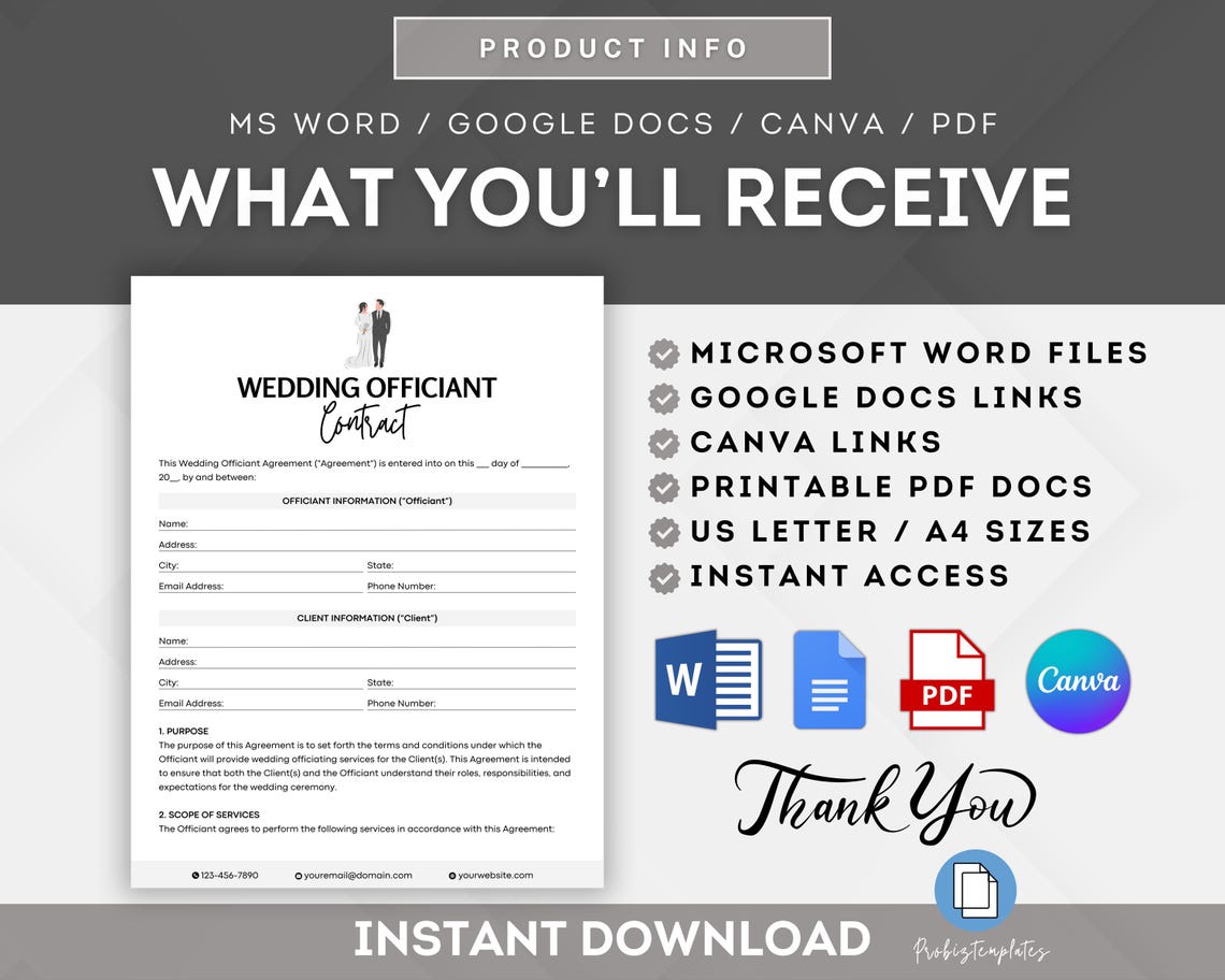 Wedding Officiant Contract Bundle, Ceremony Pact Template, Religious ...