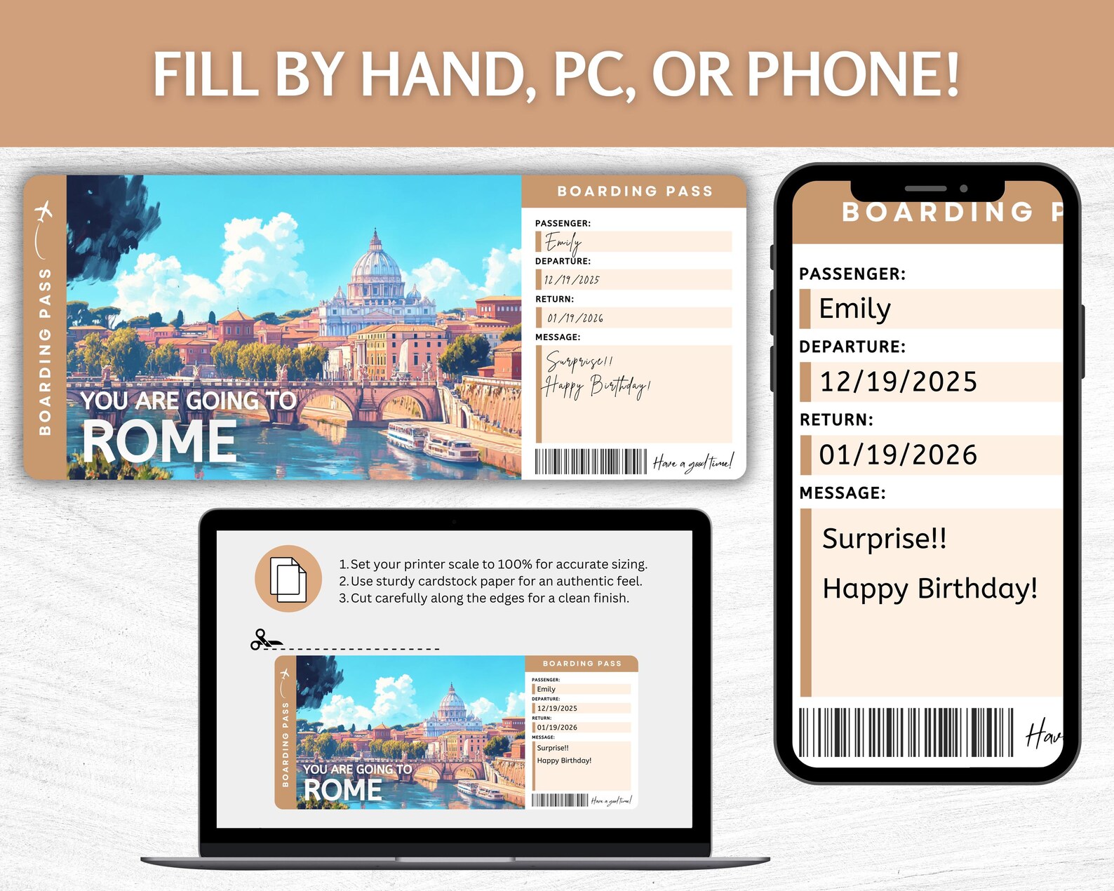 Printable Rome Surprise Gift Ticket, Editable Italy Boarding Pass ...