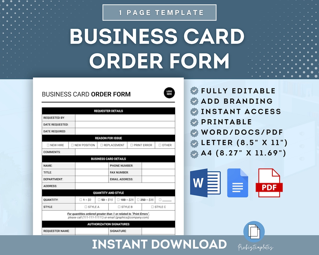 Employee Business Card Order Form Template, Staff Business Card Request ...