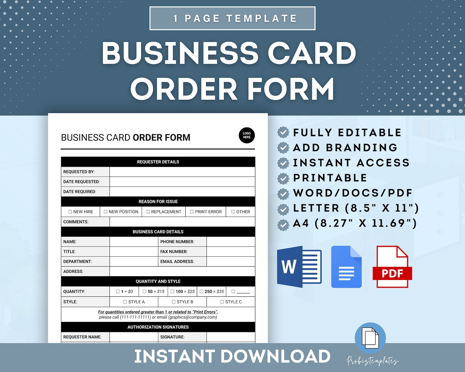 Employee Business Card Order Form Template, Staff Business Card Request ...