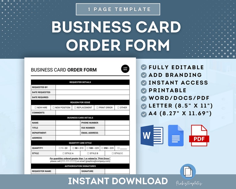 Employee Business Card Order Form Template, Staff Business Card Request ...