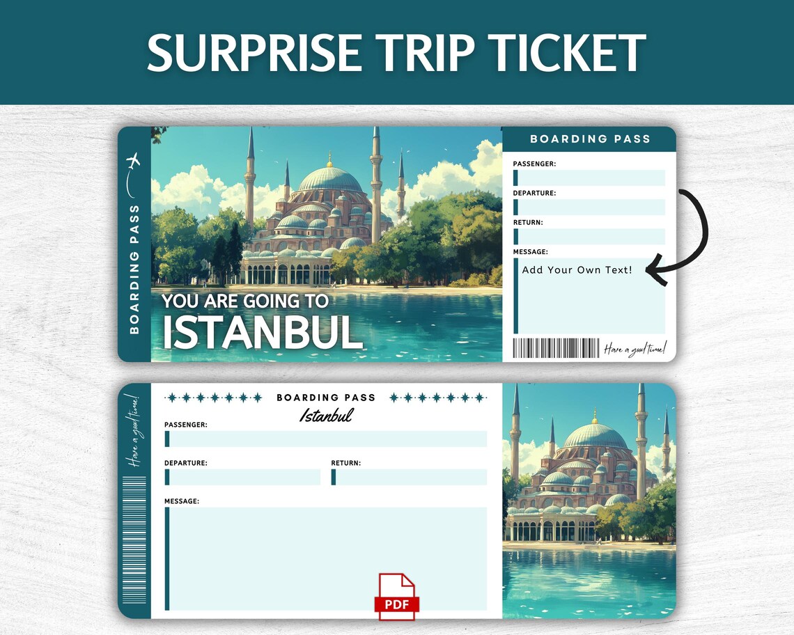 Printable Istanbul Surprise Gift Ticket, Editable Turkey Vacation ...