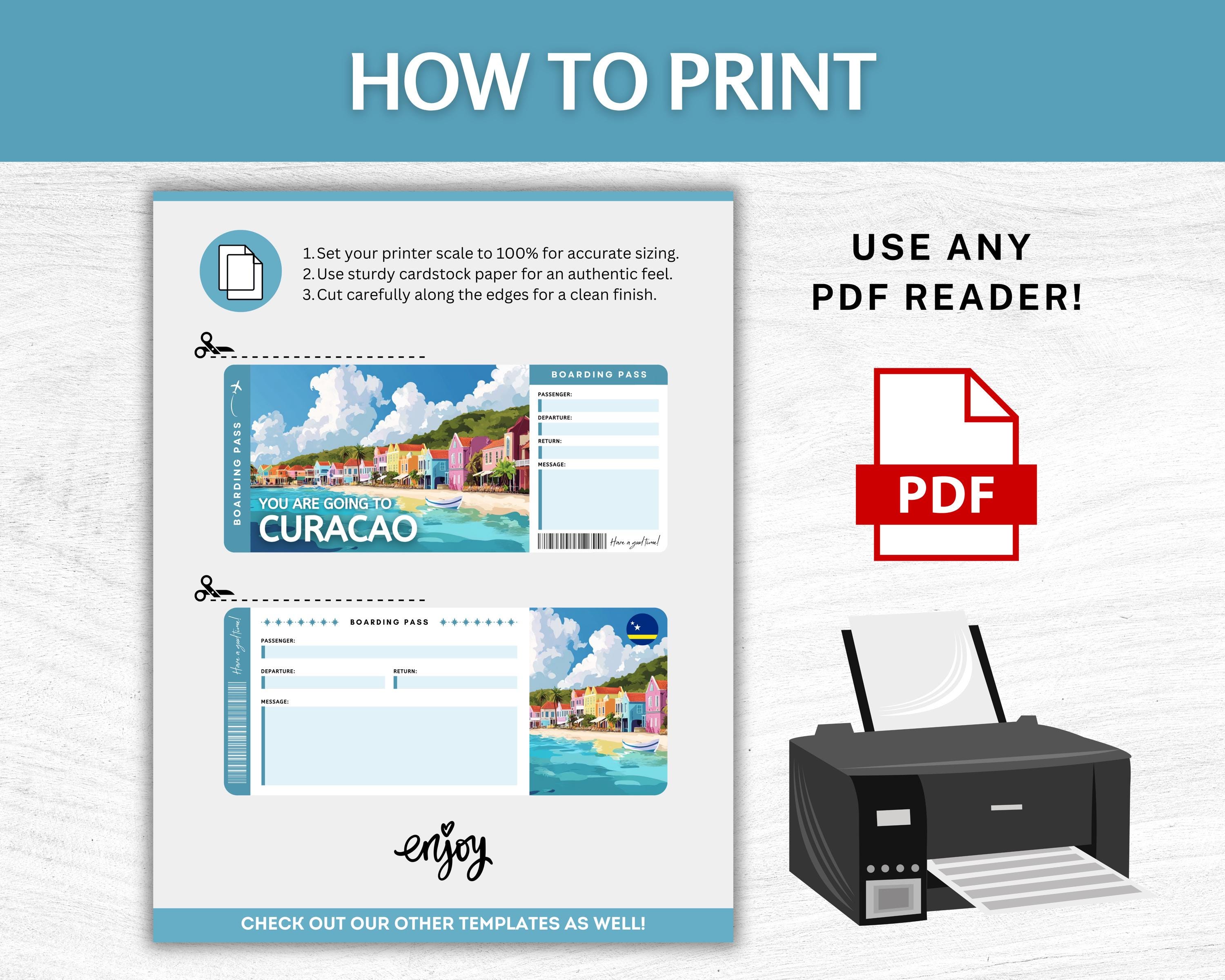 Printable Curacao Surprise Gift Ticket, Editable Willemstad Boarding ...