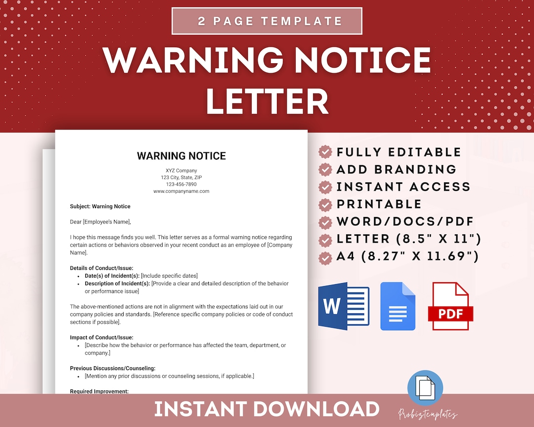 Warning Notice Letter Template, Employee Warning Letter, Disciplinary ...
