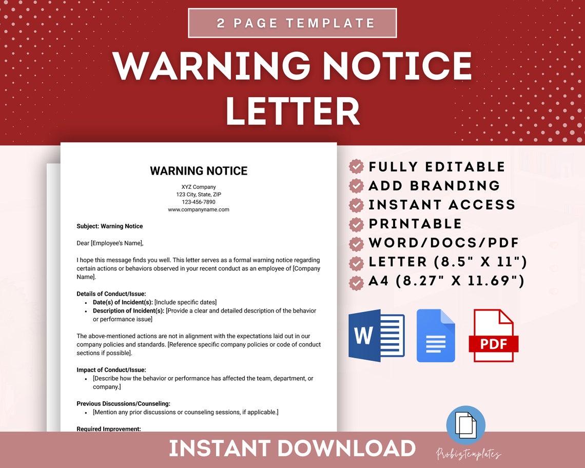 Warning Notice Letter Template, Employee Warning Letter, Disciplinary ...