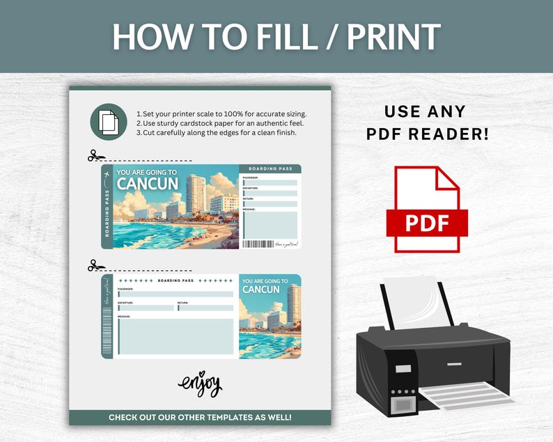 Printable Cancun Surprise Gift Ticket, Editable Mexico Vacation ...
