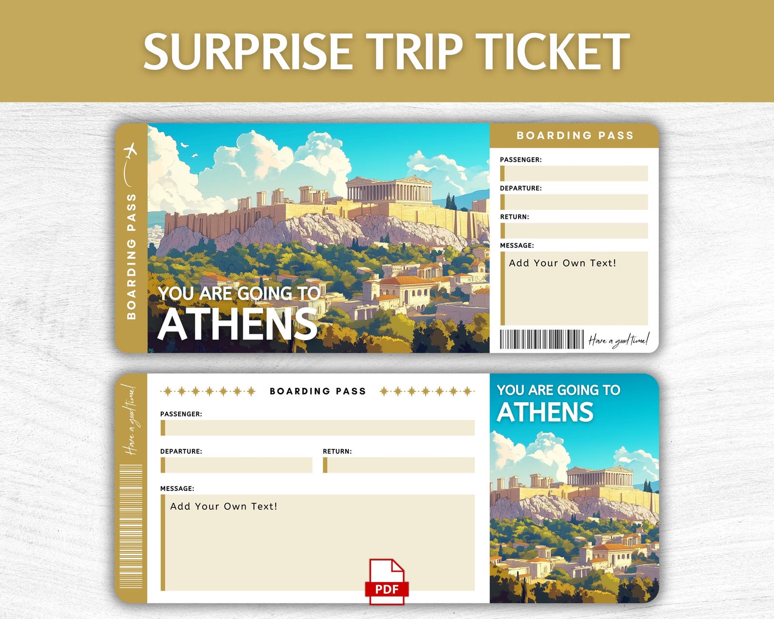 Printable Athens Surprise Gift Ticket, Editable Greece Vacation ...
