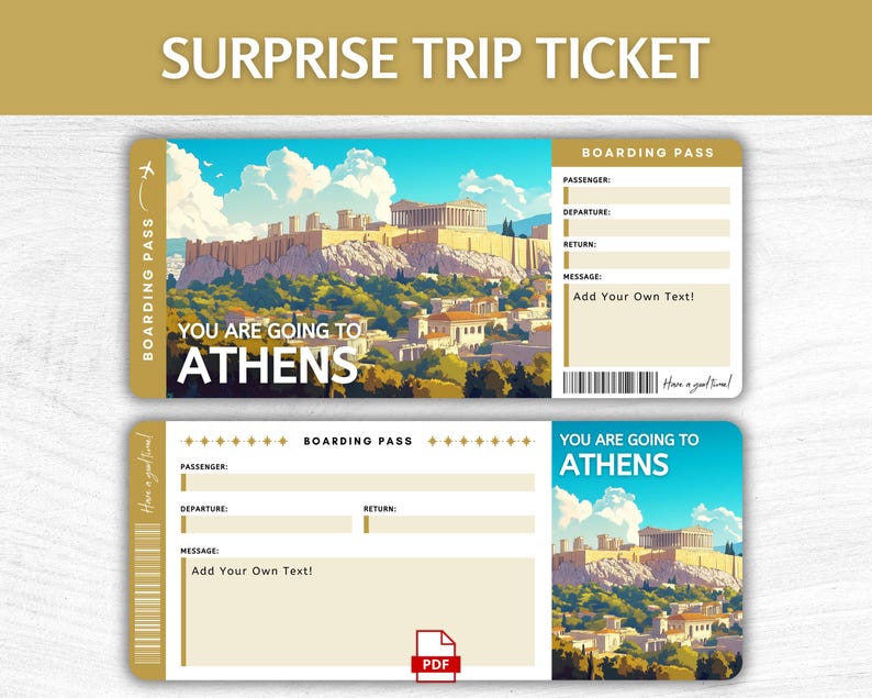 Printable Athens Surprise Gift Ticket, Editable Greece Vacation ...