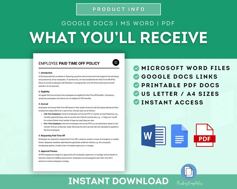 Employee Paid Time off Policy Template, Staff PTO Policy, Staff Leave ...