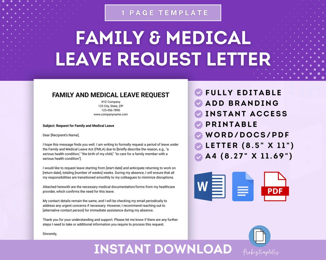 Family and Medical Leave Request Letter, FMLA Leave Request, Family ...