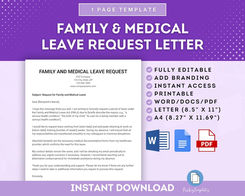 Family and Medical Leave Request Letter, FMLA Leave Request, Family ...