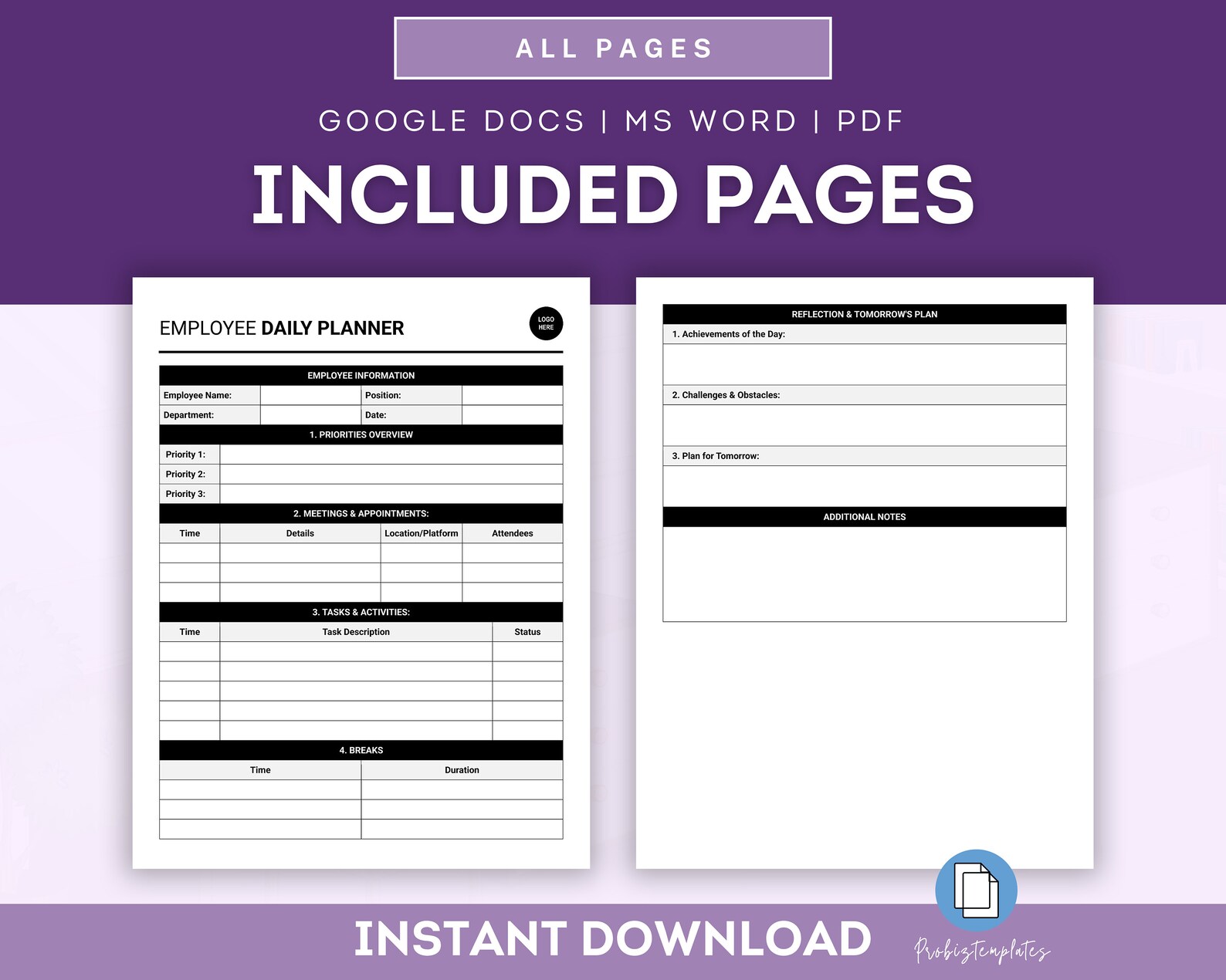Employee Daily Planner Template, Workday Organizer, Employee Task ...