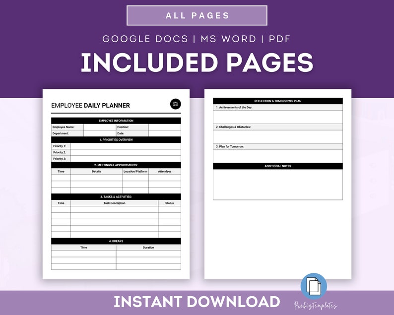 Employee Daily Planner Template, Workday Organizer, Employee Task ...