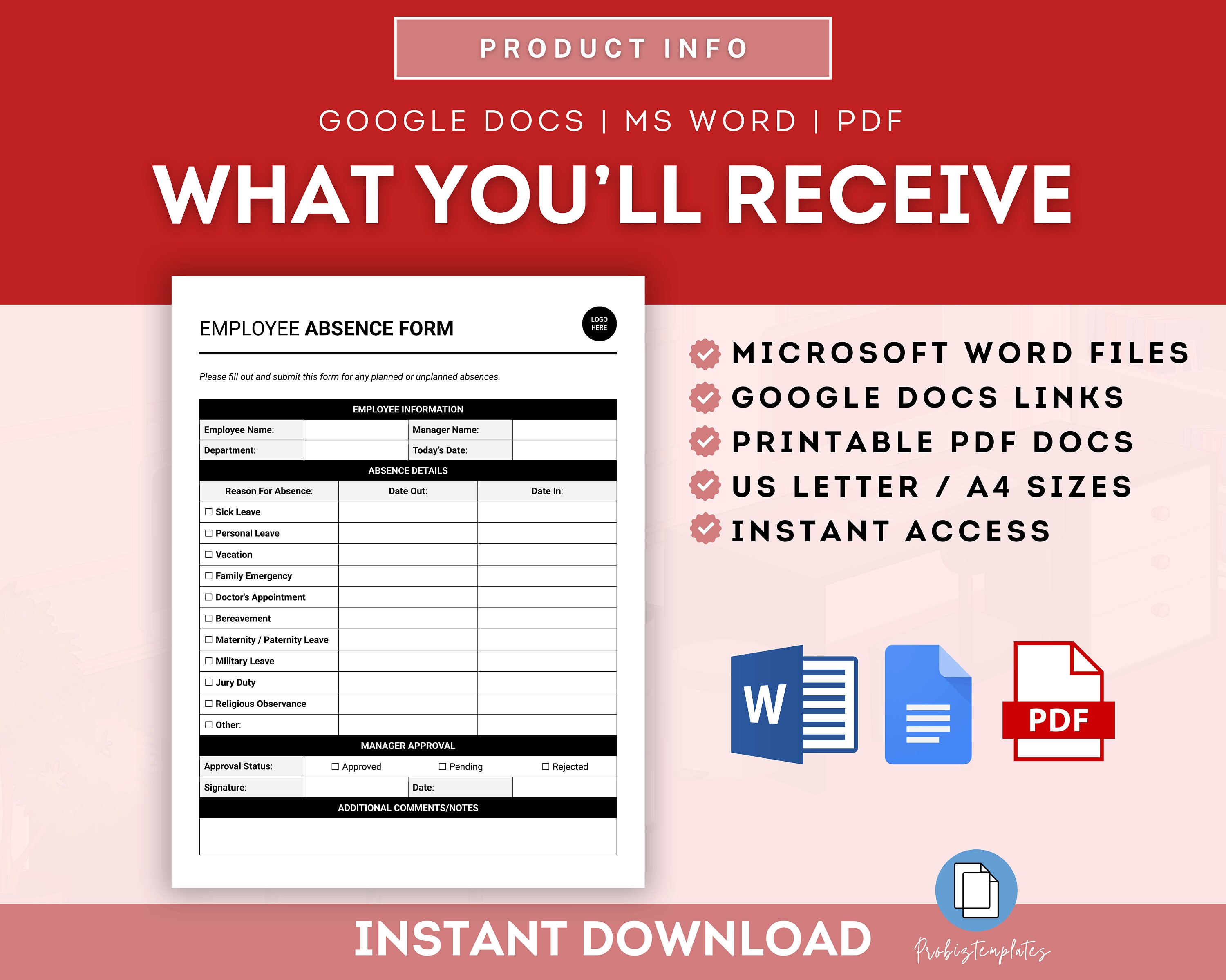 Employee Absence Form Template, Attendance Record Form, Leave Request ...