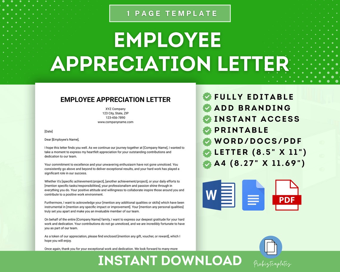 Employee Appreciation Letter, Staff Recognition Letter, Employee ...