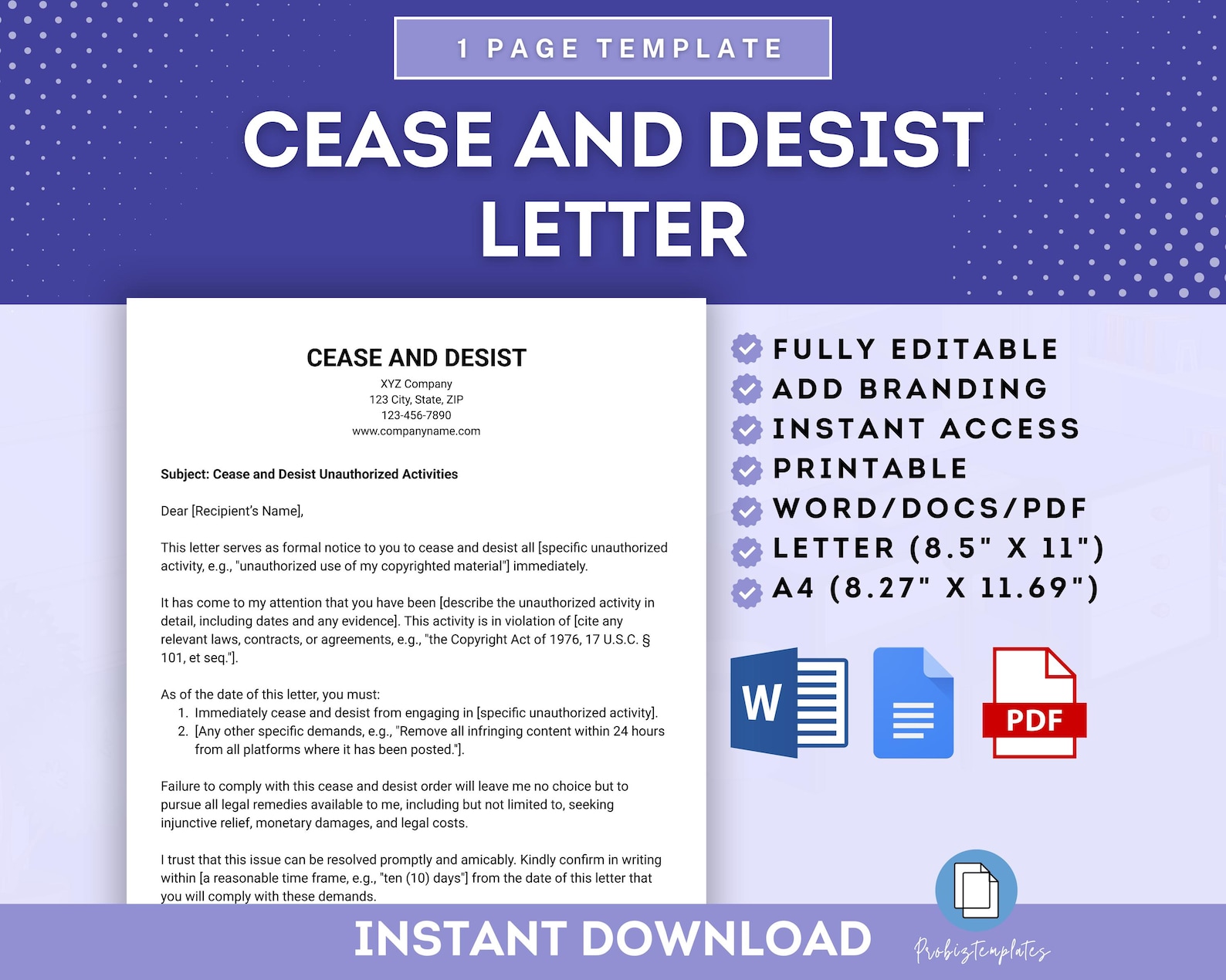 Cease and Desist Letter Template, Legal Cease and Desist Notice Letter ...