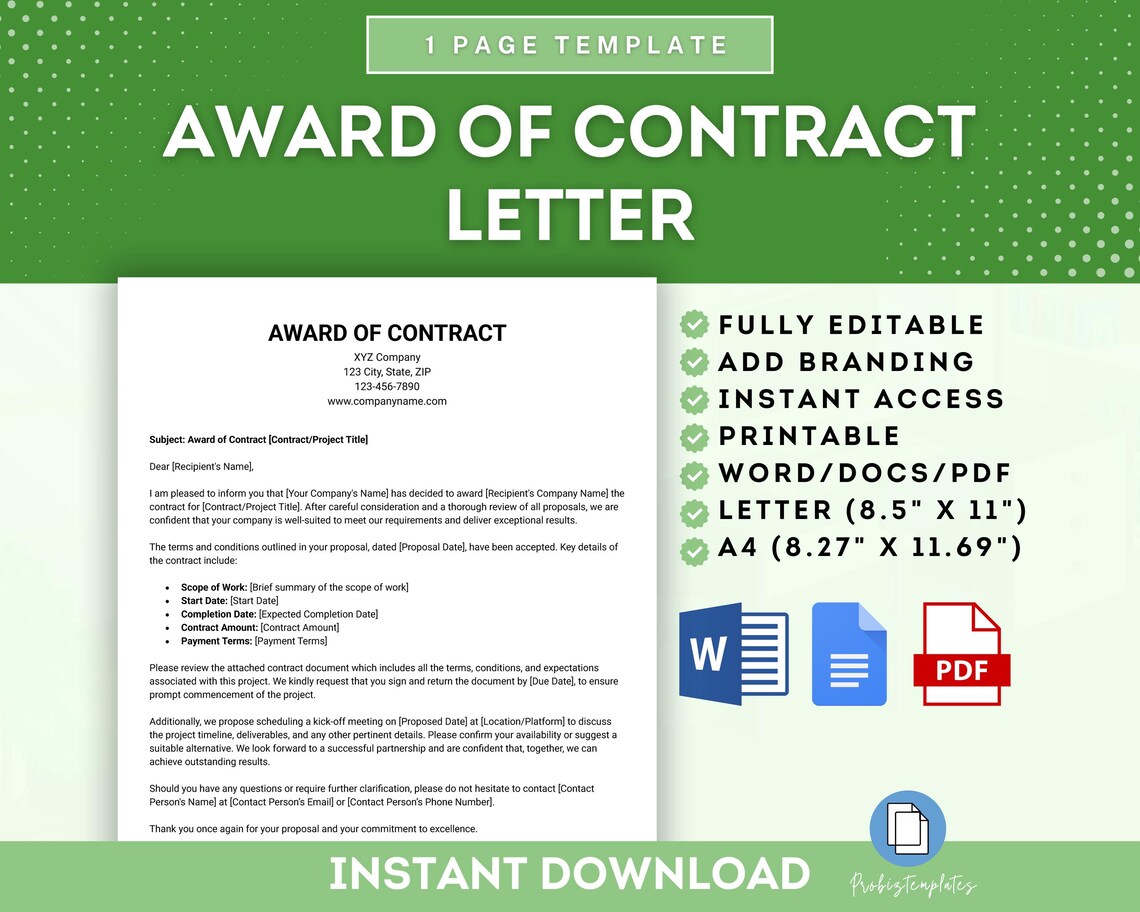 Award of Contract Letter Template, Contract Award Notification Letter ...