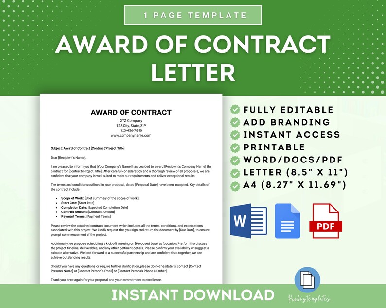 Award of Contract Letter Template, Contract Award Notification Letter ...