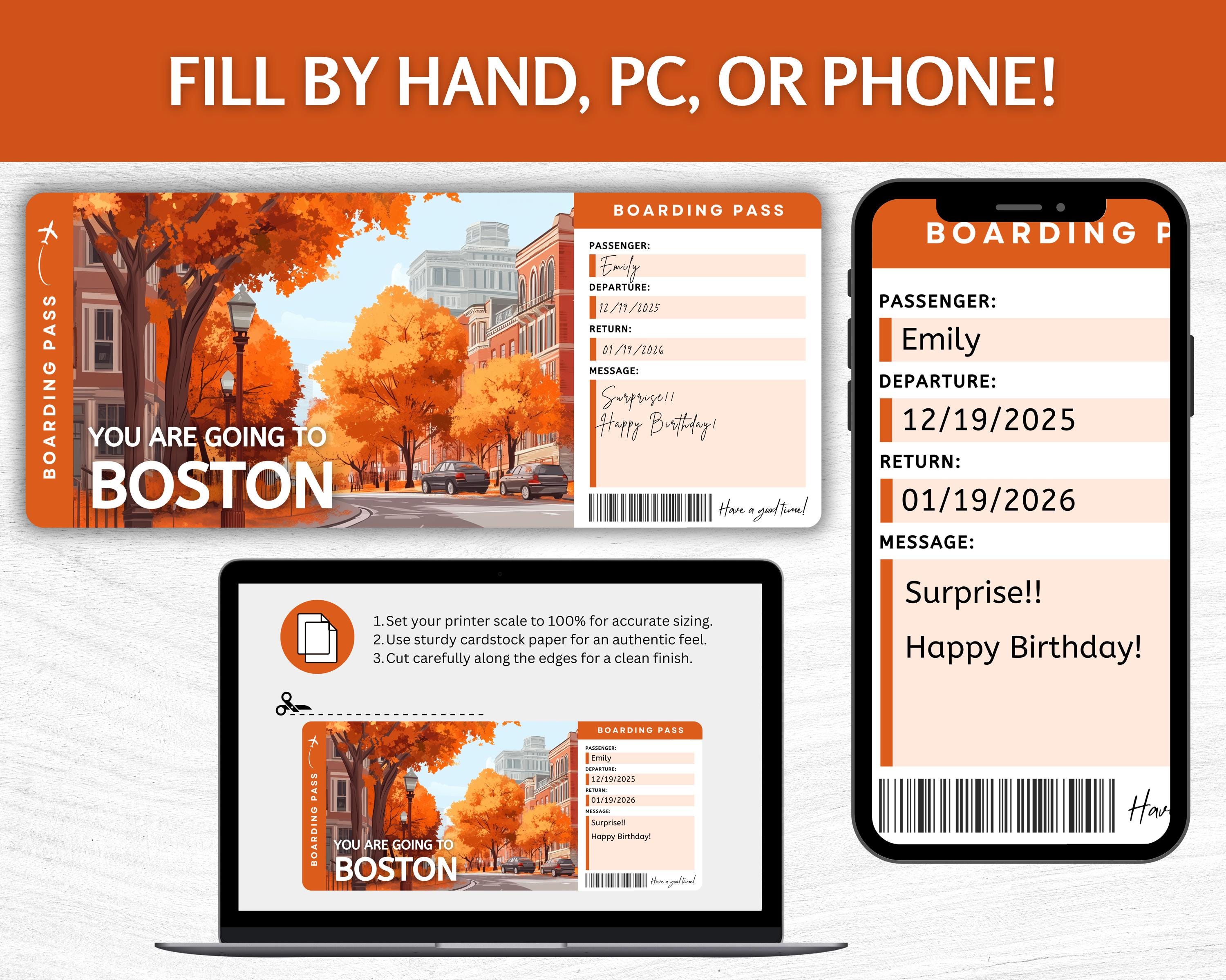Printable Boston Surprise Gift Ticket, Editable Boston MA Boarding Pass ...