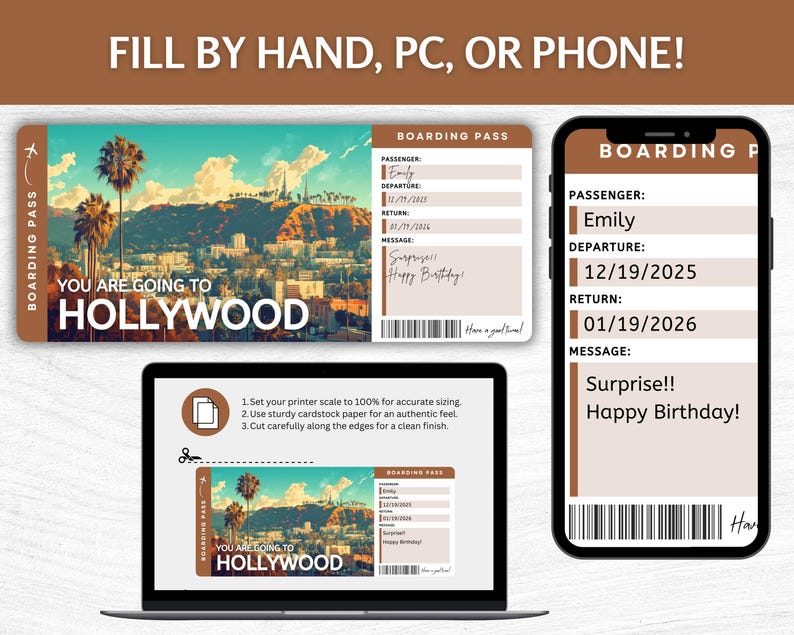 Printable Hollywood Surprise Gift Ticket, Editable California Vacation ...