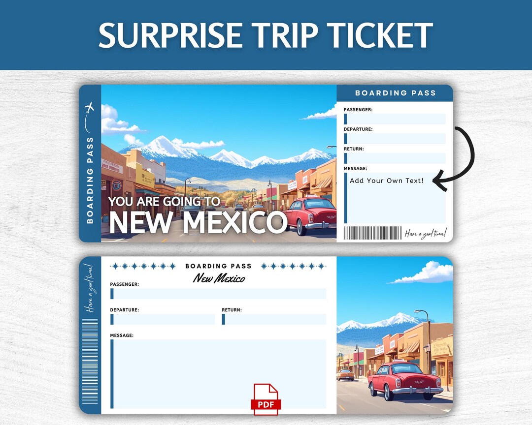 Printable New Mexico Surprise Gift Ticket, Editable Southwest Vacation ...