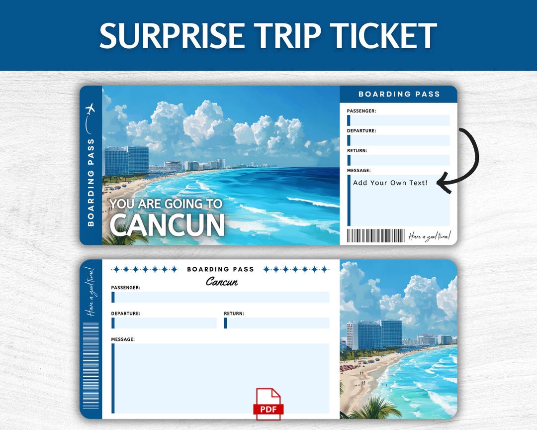 Printable Cancun Surprise Gift Ticket, Editable Mexico Vacation ...