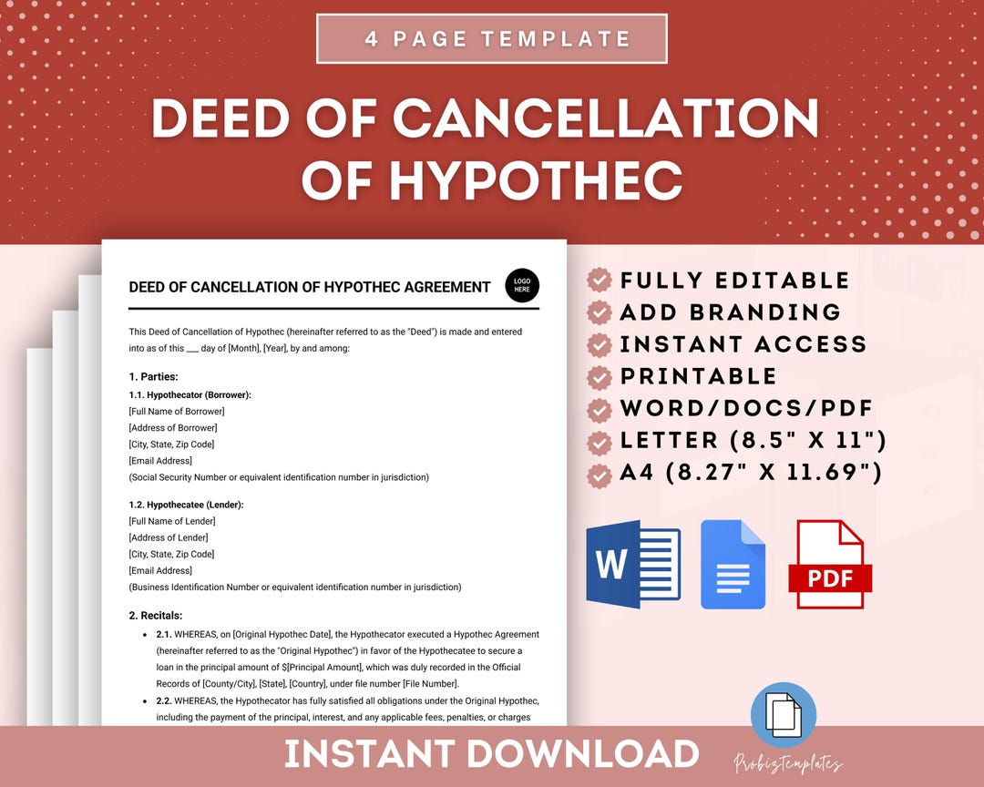 Deed of Cancellation of Hypothec Agreement Template, Mortgage ...