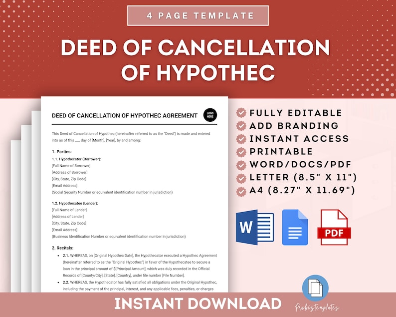 Deed of Cancellation of Hypothec Agreement Template, Mortgage ...