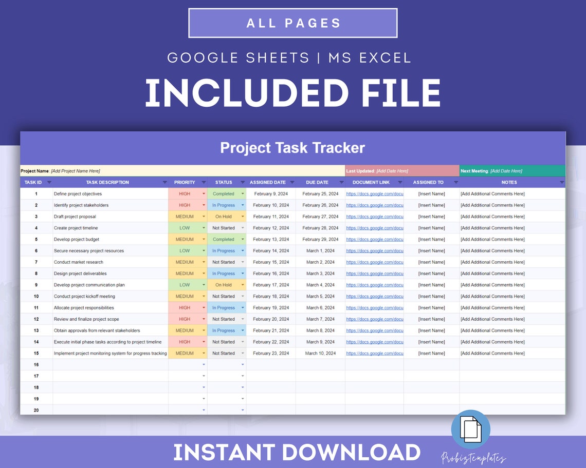 Project Task Tracker Spreadsheet, Project Management Tool, Project ...