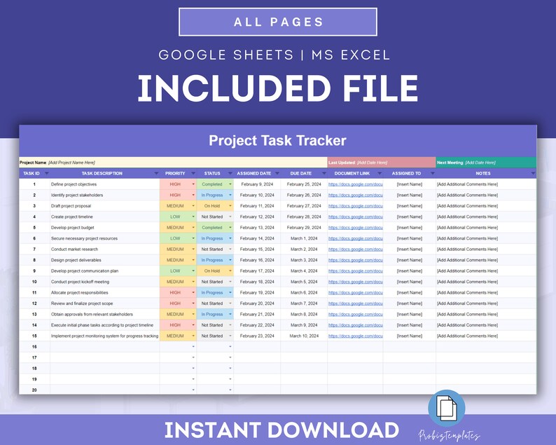 Project Task Tracker Spreadsheet, Project Management Tool, Project ...