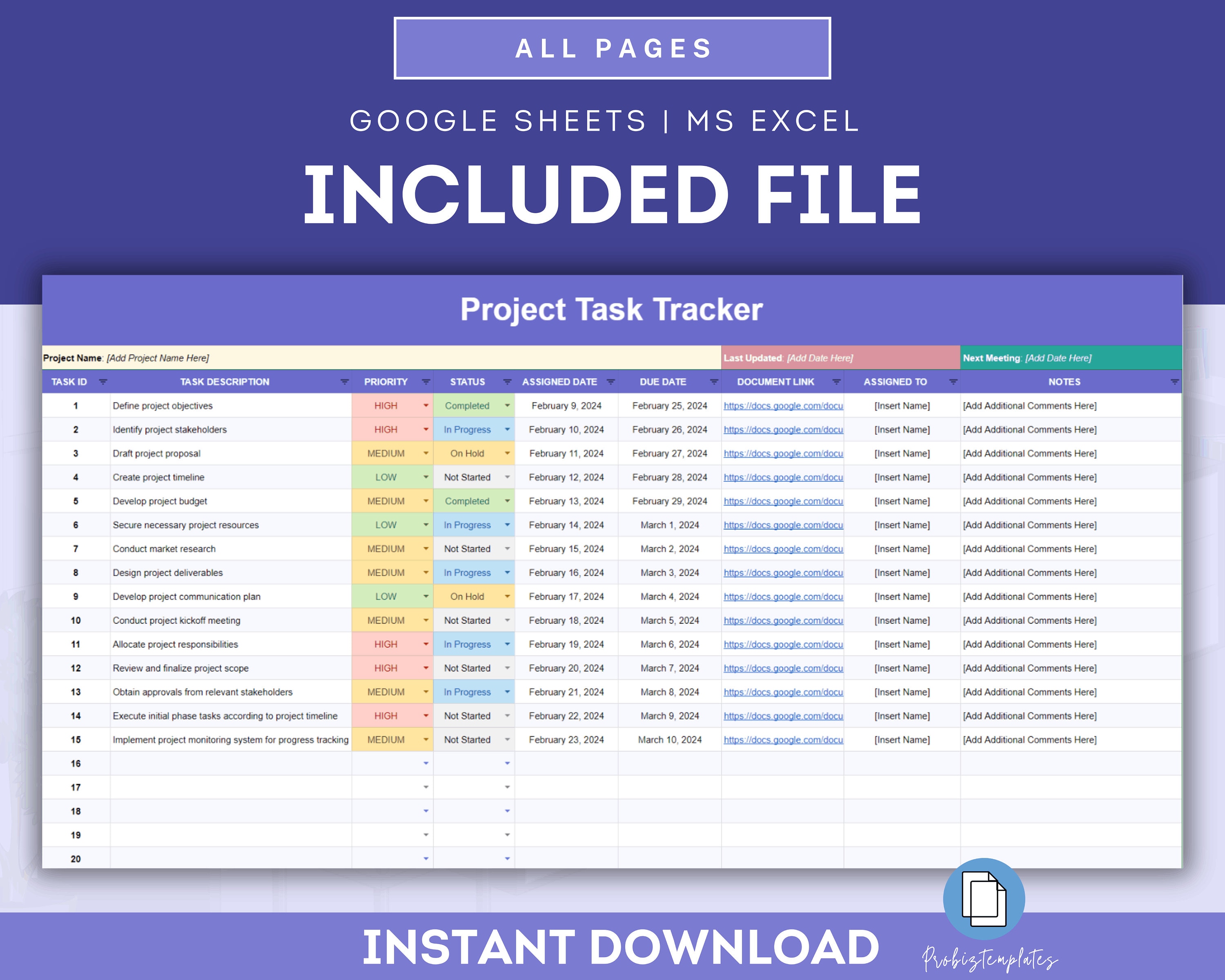 Project Task Tracker Spreadsheet, Project Management Tool, Project ...