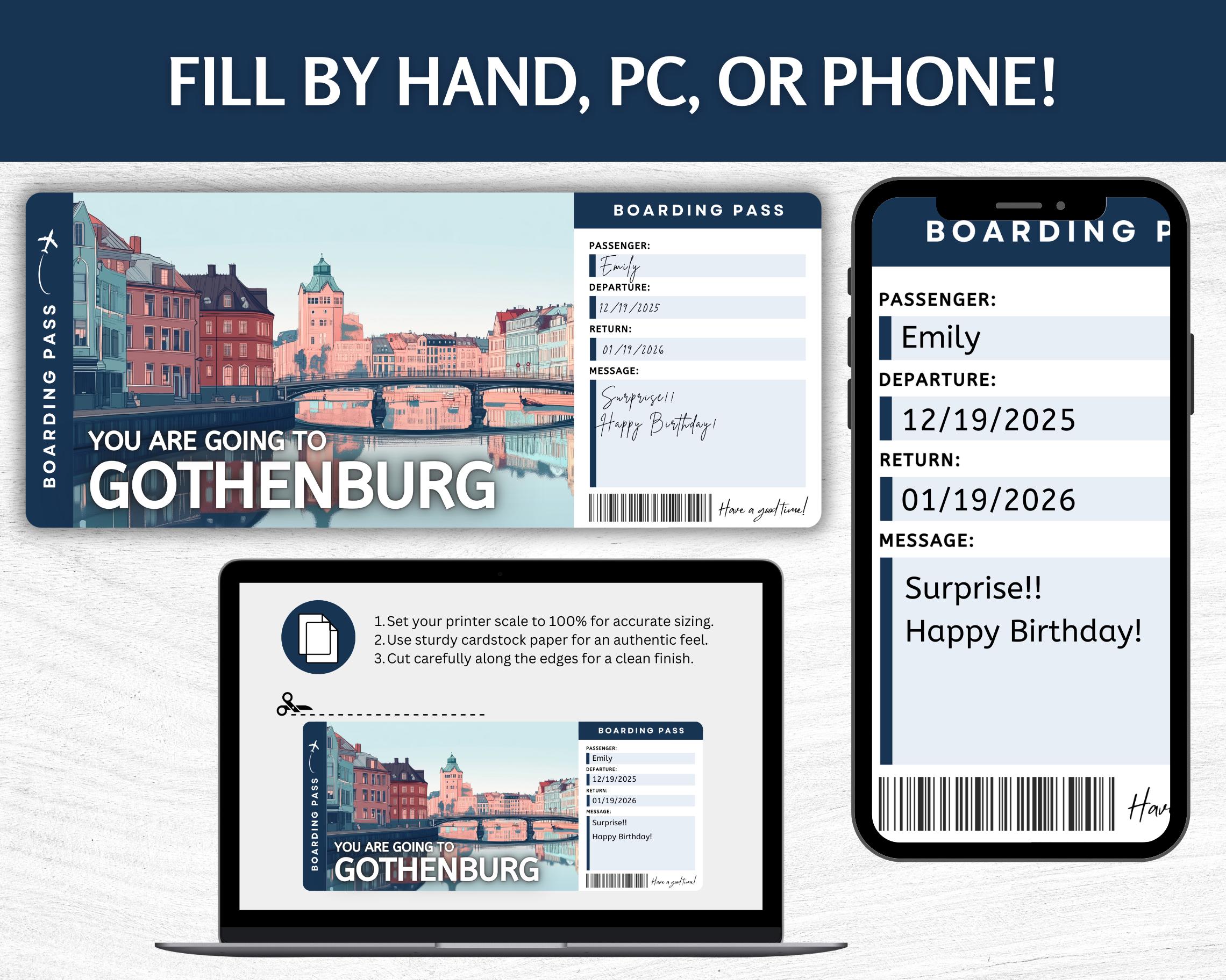 Printable Gothenburg Surprise Gift Ticket, Editable Sweden Boarding ...