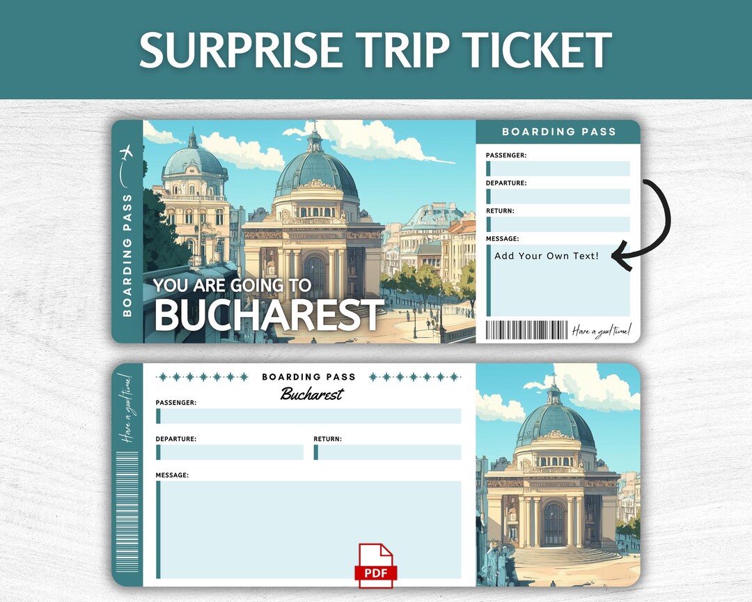 Printable Bucharest Surprise Gift Ticket, Editable Romania Boarding ...