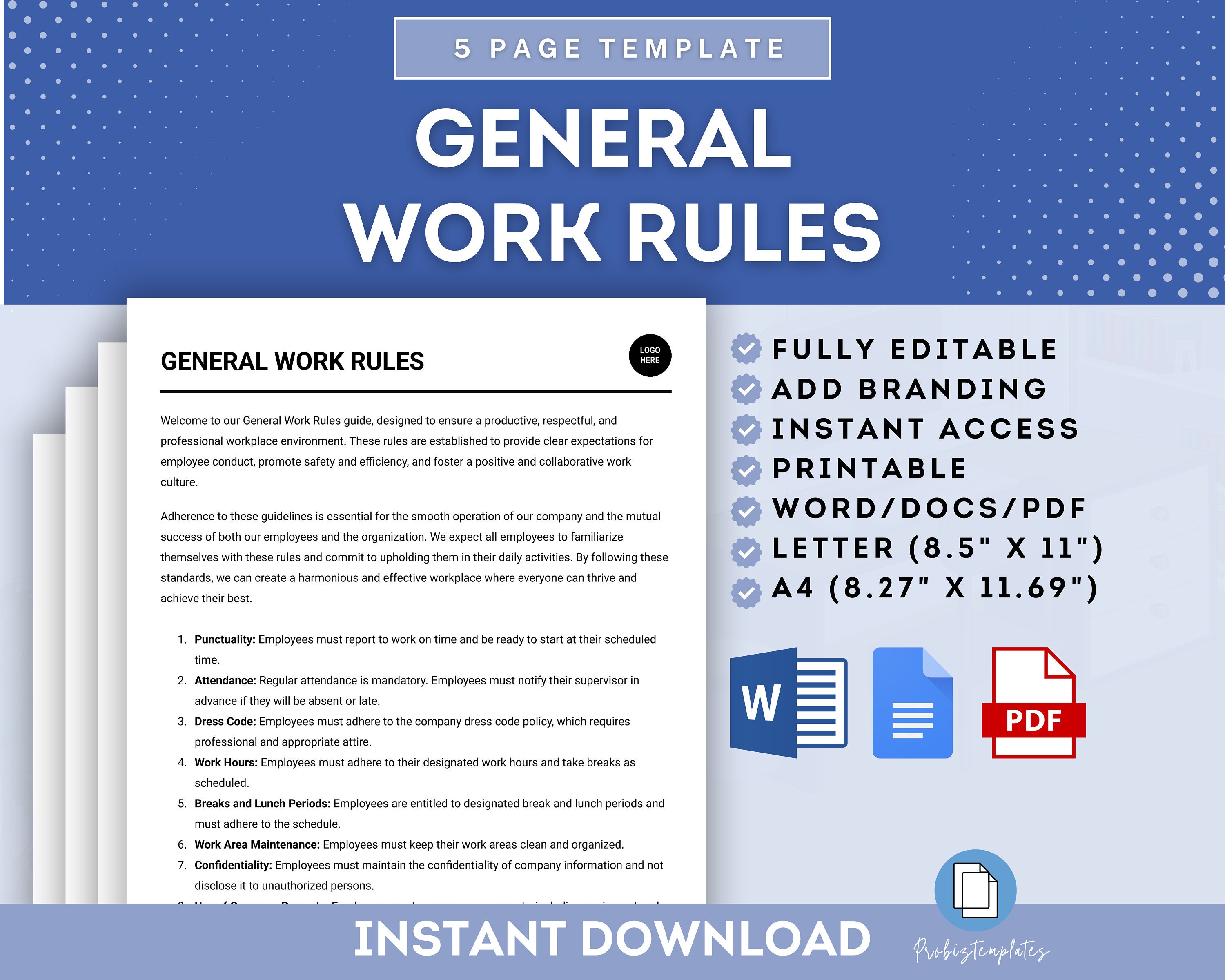 General Work Rules Template, Employee Workplace Rules, Company Work ...