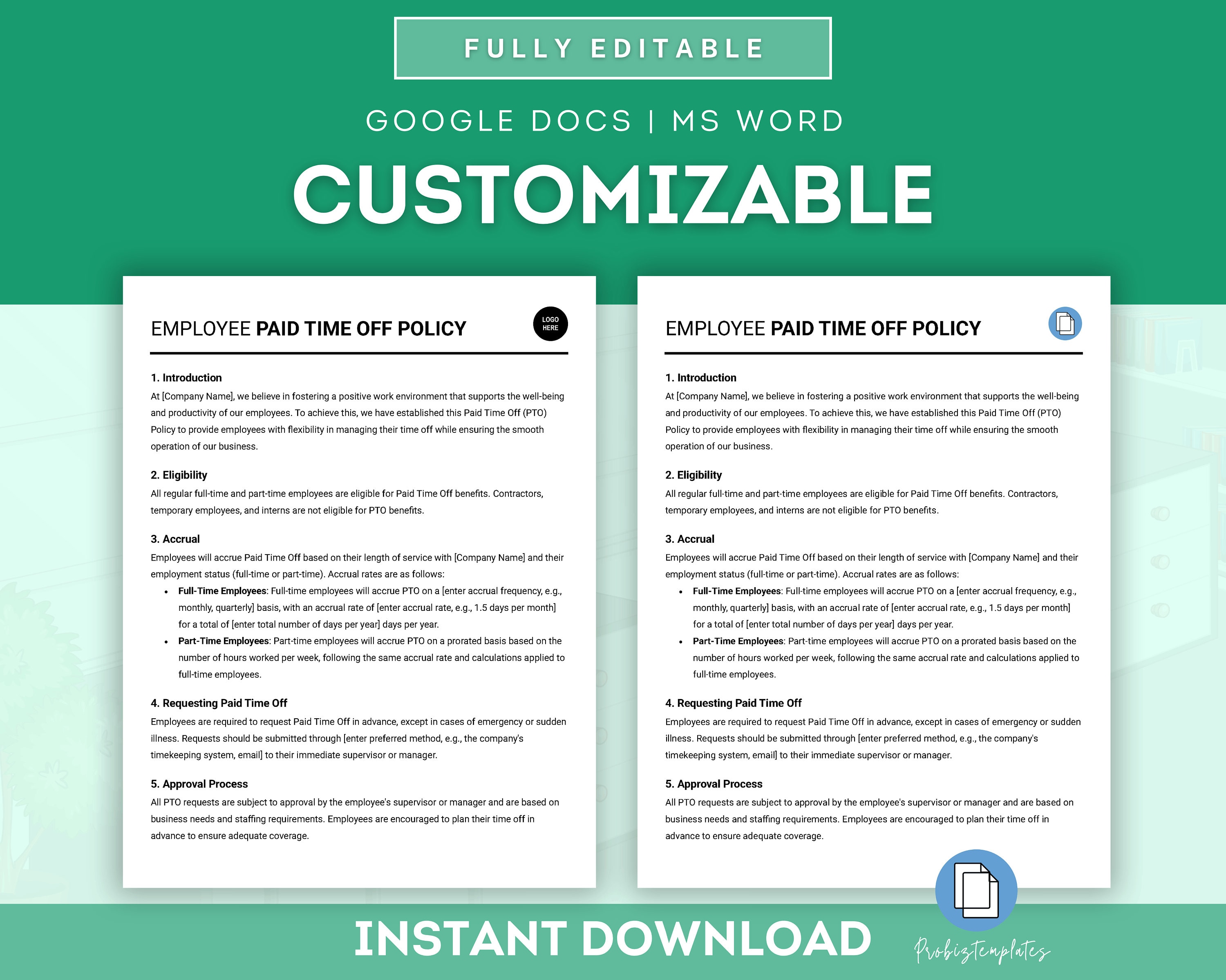 Employee Paid Time off Policy Template, Staff PTO Policy, Staff Leave ...