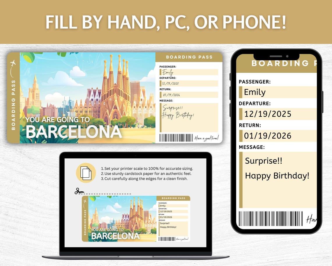 Printable Barcelona Surprise Gift Ticket, Editable Spain Boarding Pass ...