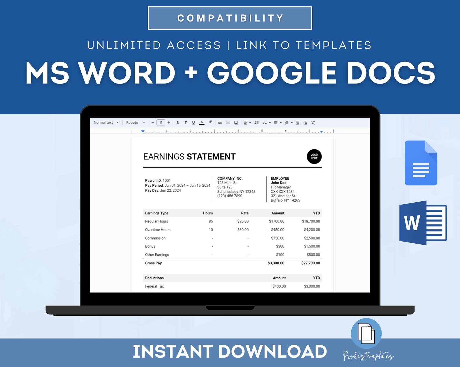 Employee Earnings Statement Template, Staff Pay Stub Template, Paycheck ...