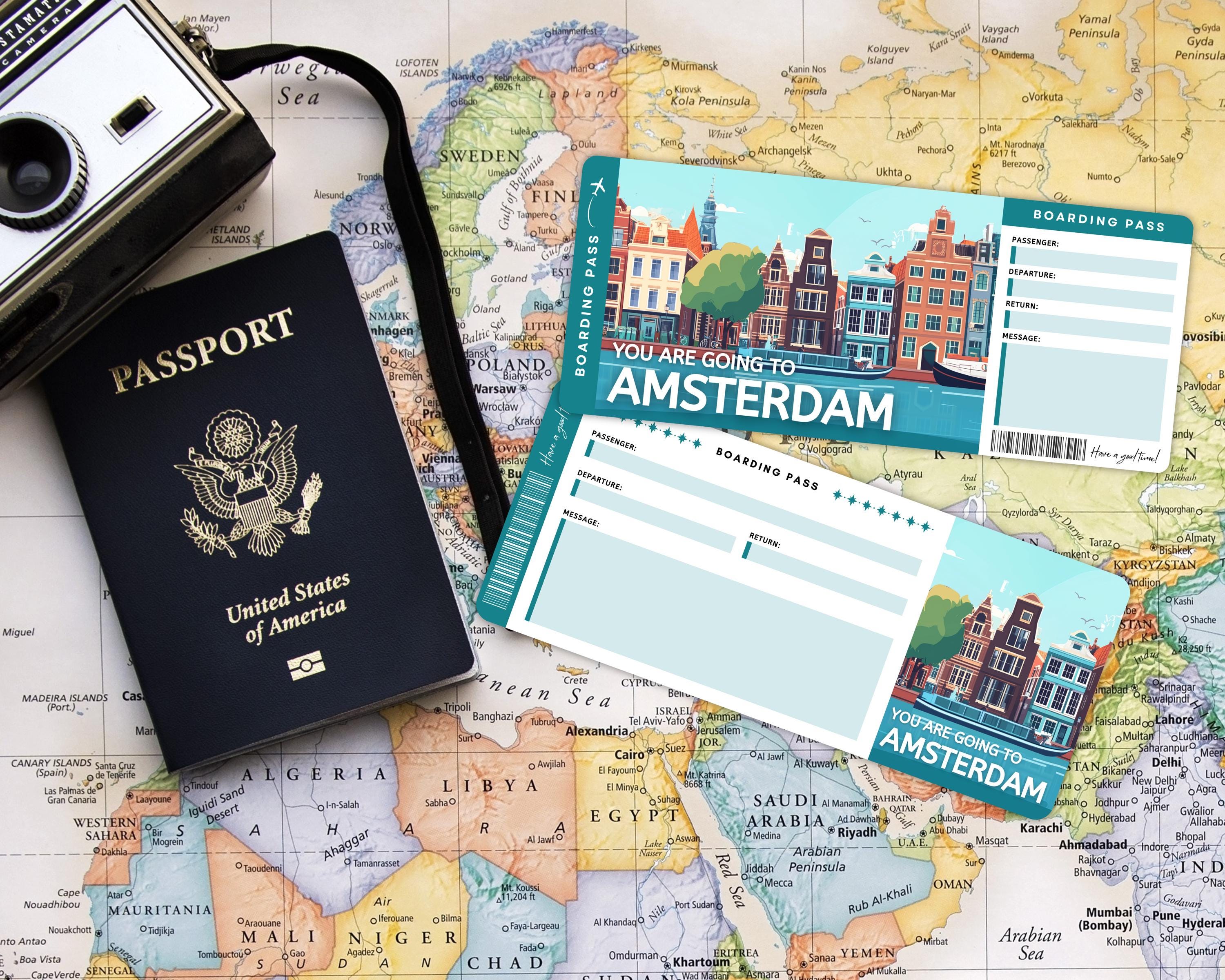 Printable Amsterdam Surprise Gift Ticket, Editable Netherlands Boarding ...